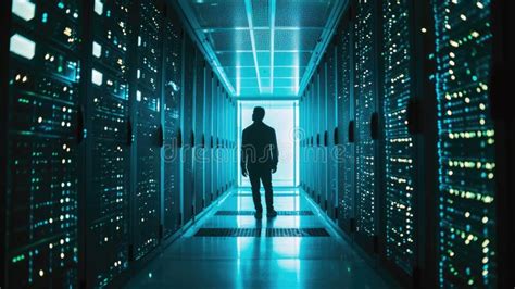 Silhouette Of A Person Standing In The Middle Of A Data Center Aisle