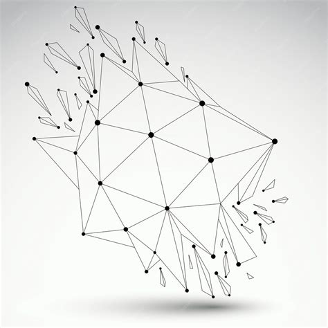 연결된 검은색 선과 점이 있는 추상 3d 면처리된 변형된 그림 조각과 입자가 있는 벡터 낮은 폴리 부서진 디자인 요소입니다 폭발 효과 프리미엄 벡터