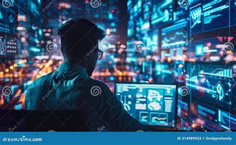 Man Monitoring Data On Multiple Screens At Night Stock Image Image Of Operator Analytics