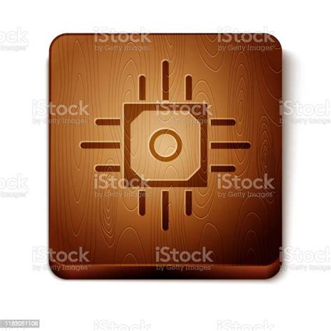 흰색 배경에 격리 된 갈색 프로세서 아이콘입니다 Cpu 중앙 처리 장치 마이크로 칩 마이크로 회로 컴퓨터 프로세서 칩 나무 사각형 버튼입니다 벡터 일러스트레이션 0명에 대한