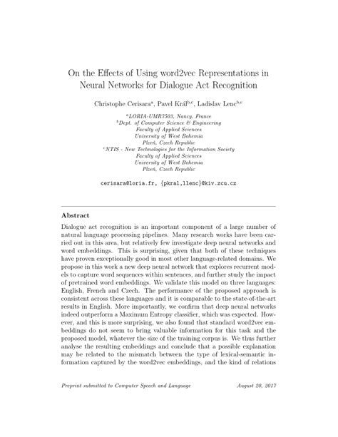 Pdf On The Effects Of Using Word2vec Representations In Neural Networks For Dialogue Act