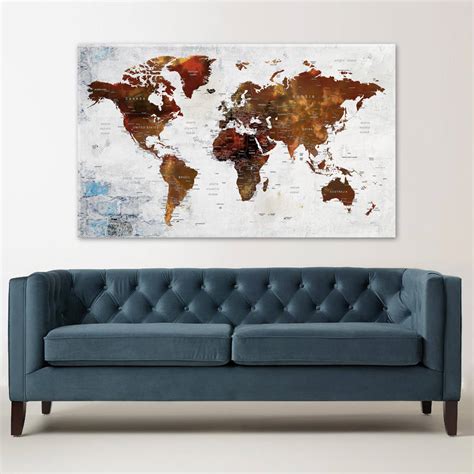 World Map Canvas Push Pin Travel Map Large World Map Decor Etsy