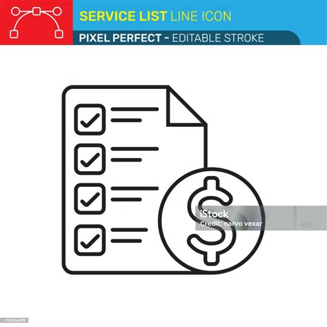 미니멀리스트 서비스 목록 아이콘 체크리스트 달러 기호 및 깔끔한 선이 있는 재무 문서를 특징으로 하며 Ui Ux 벡터 아이콘을 위한 완벽한 픽셀 정밀도와 편집 가능한