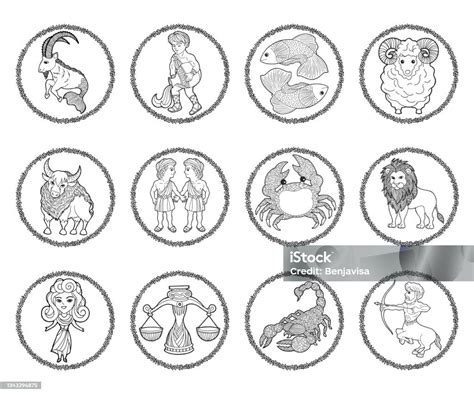 12 조디악 점성술 별자리 기호 기호 기호 로고 아이콘 디자인 4 요소 색상 아트 배경 수채화 만화 그리기 일러스트 행운 세트 개념에 대한 스톡 벡터 아트 및 기타 이미지