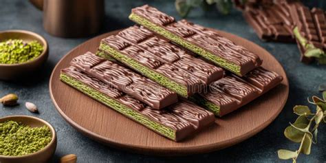 Chocolate Pistachio Wafers Layering Tempting Sweet Dessert Snack Stock