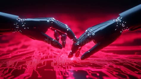 Robotic Hands Interacting With Circuitry Futuristic Robotic Hands Gently Touch A Glowing Red