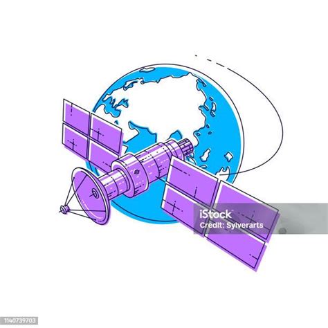 지구 주위 궤도 위성 우주 비행 태양 전지 패널과 위성 안테나 플레이트와 통신 우주선 우주 정거장 얇은 라인 3d 벡터 일러스트입니다 0명에 대한 스톡 벡터 아트 및 기타