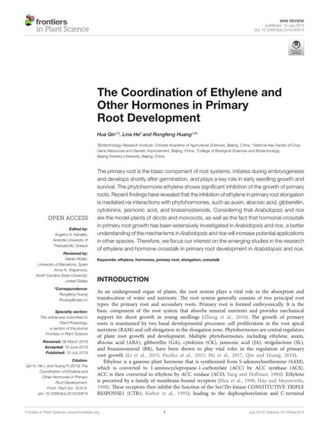 Pdf The Coordination Of Ethylene And Other Hormones In Primary Root Development