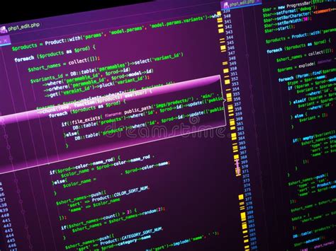 Lines Of Php Code On The Monitor On Pink Background Close Up Stock