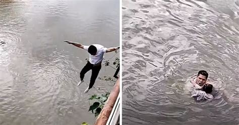 Hero Man Jumps Off Foot Riverbank To Save Babe Girl From Drowning
