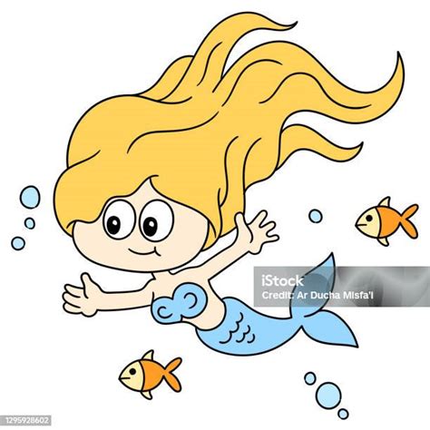 아름다운 인어는 바다에서 물고기와 함께 수영 캐릭터 귀여운 낙서 그리기 벡터 일러스트레이션 여자 인어에 대한 스톡 벡터 아트 및