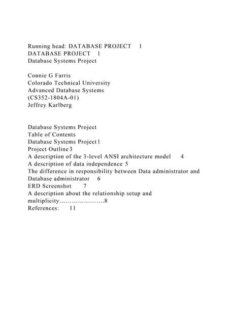 Running Head Database Project 1database Project 1database Sdocx