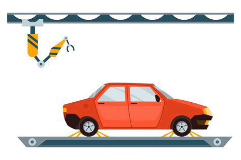 공장 조립 라인 산업 로봇 암은 컨베이어 벨트에 자동차를 조립합니다 자동화된 제조가 있는 자동차 공장 혁신적인 장비를 갖춘