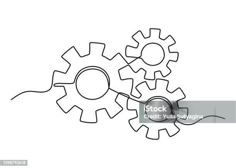 기어 휠 기호 기술 연속 한 줄 그리기 비즈니스 팀워크 개념을위한 톱니 바퀴 기어 이동 윤곽선 단일 윤곽선 벡터 일러스트 레이 션 기어 기계 부분에 대한 스톡 벡터 아트 및