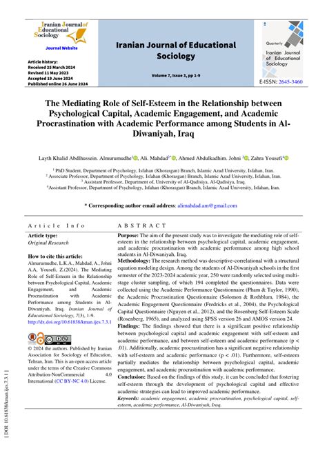 Pdf The Mediating Role Of Self Esteem In The Relationship Between Psychological Capital