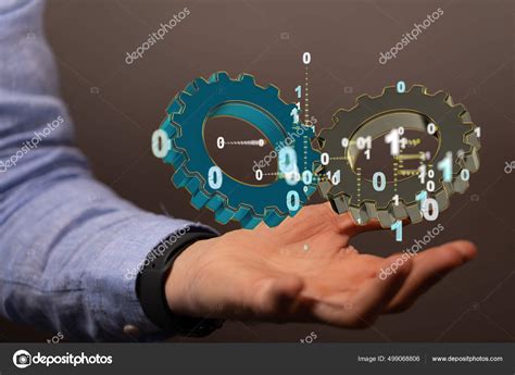Hand Holding Floating Render Large Gears Floating Binary Code Stock
