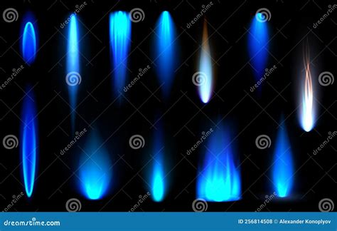 Gas Flame Illuminated Abstract Blue Vibrant Burning Fire Set Realistic Vector Glow Flare Stock