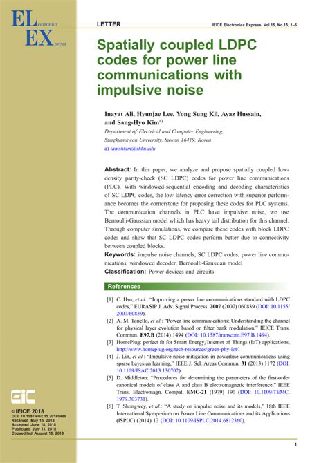 PDF Spatially Coupled LDPC Codes For Power Line Communications With Impulsive Noise