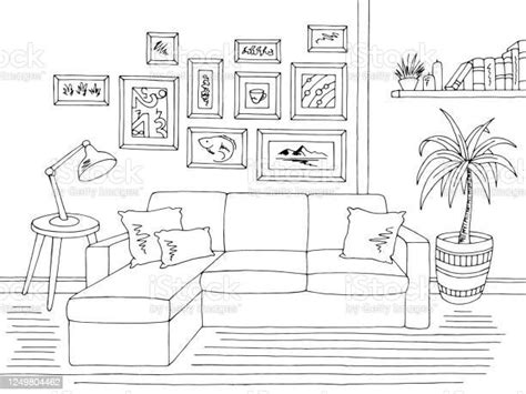 거실 그래픽 블랙 화이트 홈 인테리어 스케치 일러스트 벡터 0명에 대한 스톡 벡터 아트 및 기타 이미지 0명 가구 가정의 방 Istock