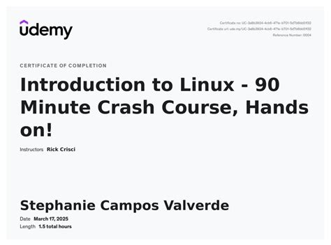 My Course Completion Certificate For Introduction To Linux 90 Minute Crash Course Hands On