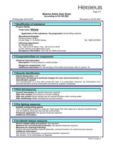 Venus Safety Data Sheet Heraeus
