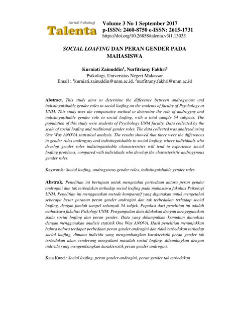 Pdf Social Loafing Dan Peran Gender Pada Mahasiswa
