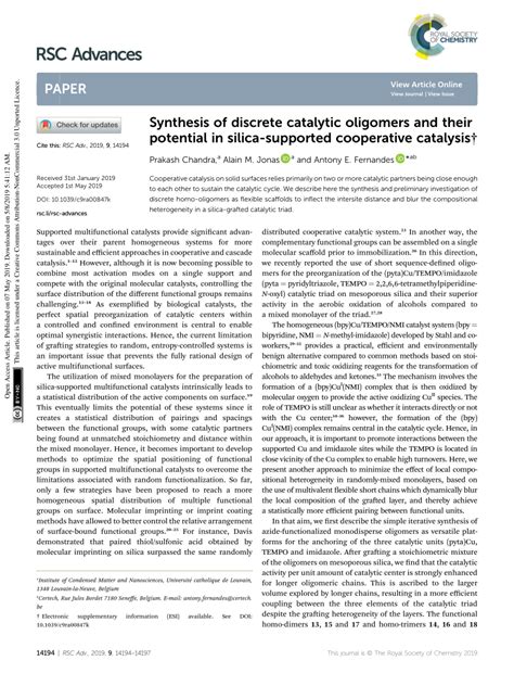 Pdf Synthesis Of Discrete Catalytic Oligomers And Their Potential In Silica Supported
