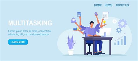 사무실에서 컴퓨터에 앉아 동시에 많은 일을하는 많은 팔을 가진 사업가 프리랜서 노동자 멀티태스킹 기술 효과적인 시간 관리 및 생산성 개념 경영자에 대한 스톡 벡터 아트 및