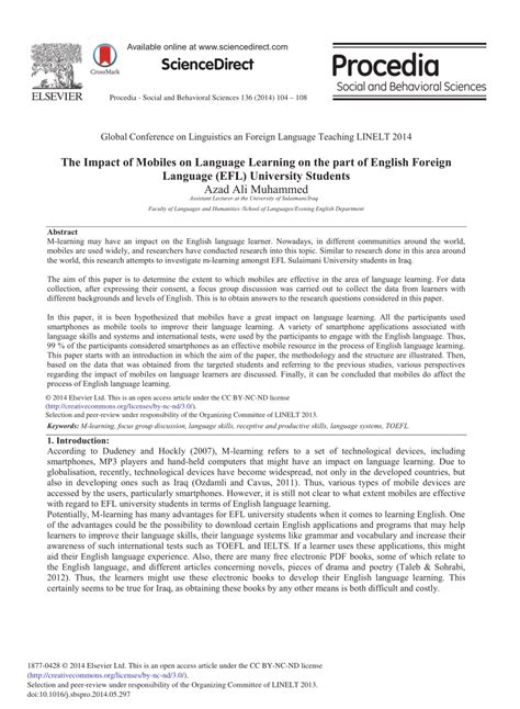 Pdf The Impact Of Mobiles On Language Learning On The Part Of English Foreign Language Efl