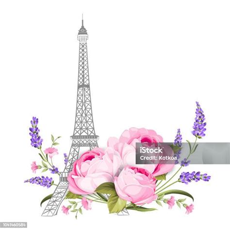 에펠 탑 카드입니다 에펠 타워 심볼 흰색 배경 위에 꽃 피는 봄 에펠탑에 대한 스톡 벡터 아트 및 기타 이미지 에펠탑 꽃