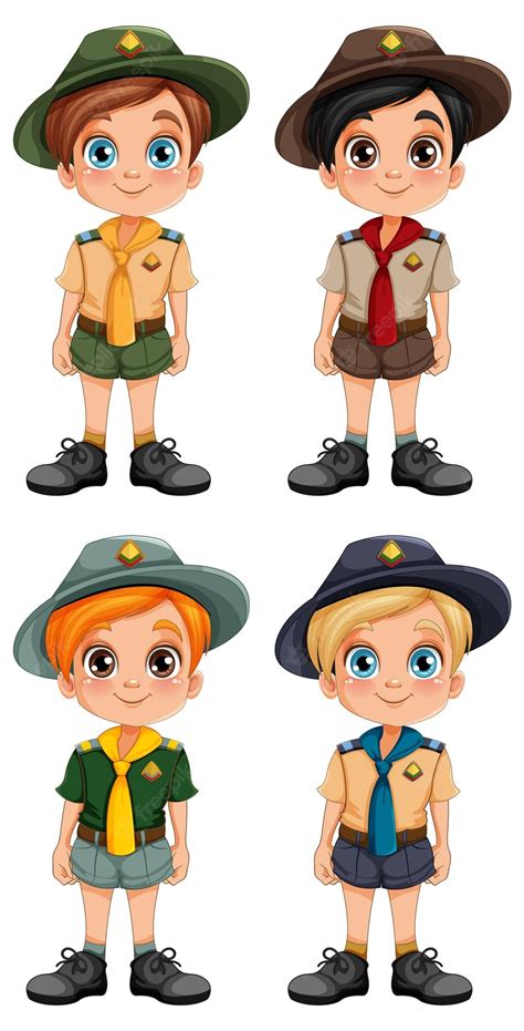 유니폼 만화 캐릭터 보이 스카우트 프리미엄 벡터
