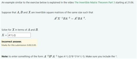 An Example Similar To The Exercise Below Is Explained In The Video The Invertible Matrix Theorem An Example Similar To The Exercise Below Is Explained In The Video The Invertible Matrix Theorem