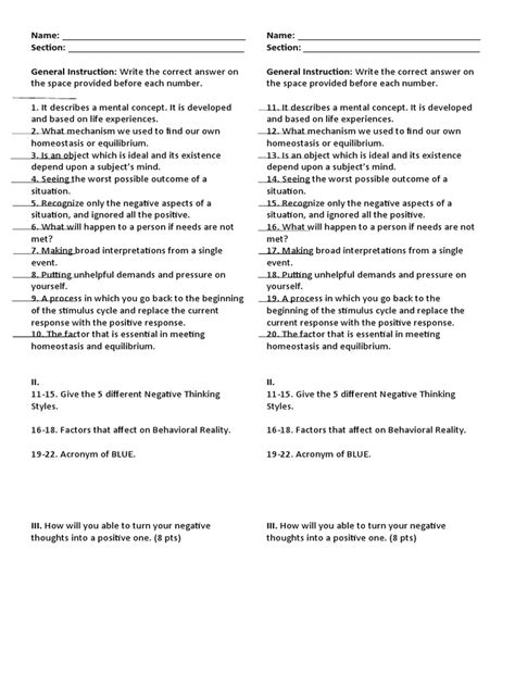 Name Section General Instruction Write The Correct Answer On Name