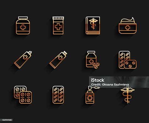 물집 팩에 라인 알 약을 설정 의학 병 노즐 스프레이 의료 카두세우스 뱀 의료 기호 연고 크림 튜브 약 그리고 알약 아이콘 벡터 건강 진단에 대한 스톡 벡터 아트 및 기타