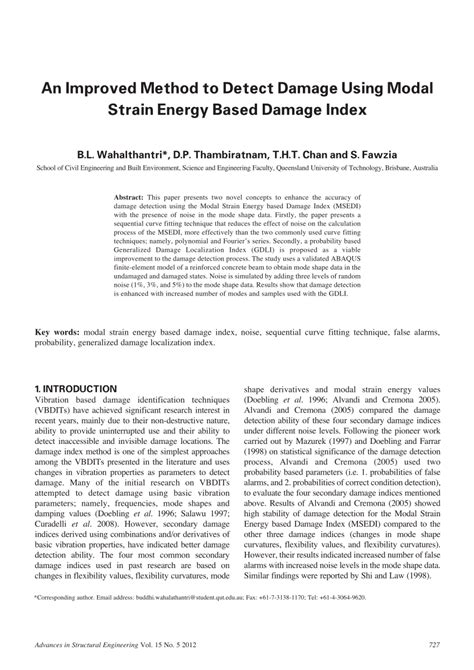 PDF An Improved Method To Detect Damage Using Modal Strain Energy Based Damage Index