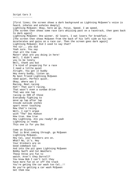 Cars 3 Movie Script English Version Pdf Motor Vehicle