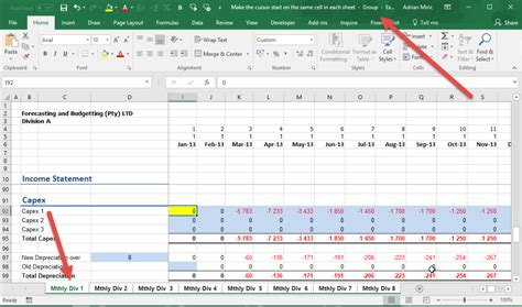 make the cursor start on the same cell in each sheet za