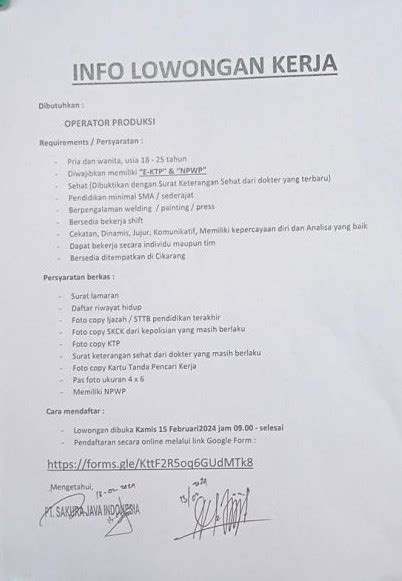 Lowongan Kerja Pt Sakura Java Indonesia Operator Produksi Terbaru 2024