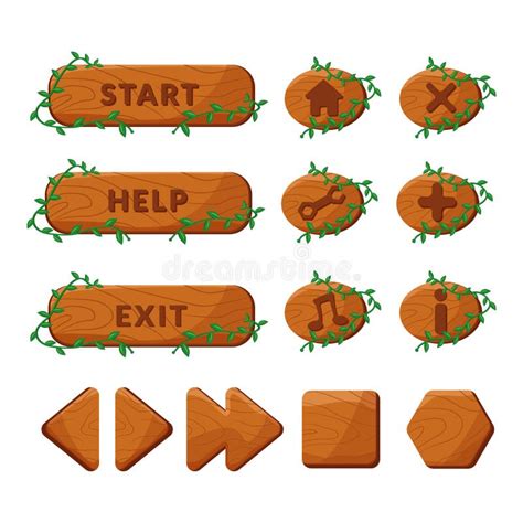 Wood Buttons Set Vector GUI Asset Collection For Game And App Stock Vector Illustration Of