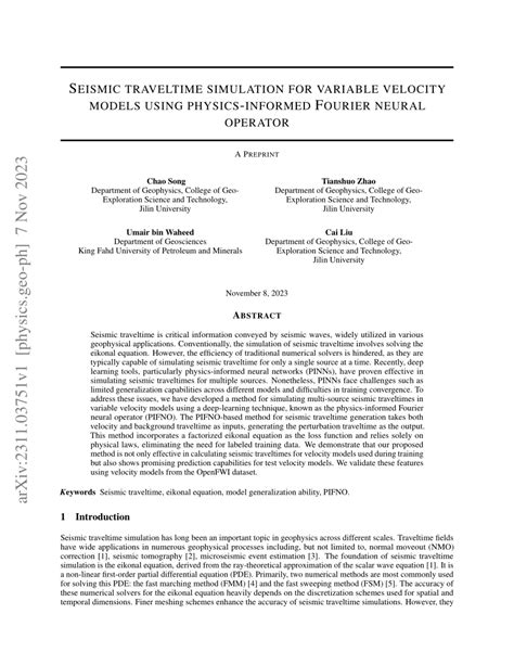 PDF SEISMIC TRAVELTIME SIMULATION FOR VARIABLE VELOCITY MODELS USING PHYSICS INFORMED FOURIER