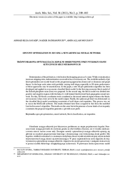 Pdf 3d Pit Optimization Via Neural Network Approach