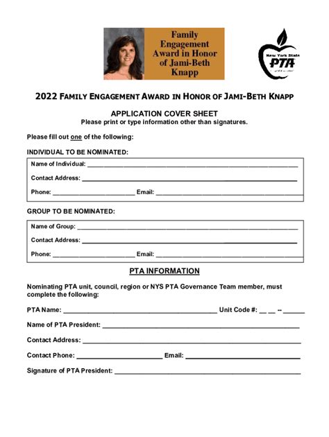 Fillable Online Application Cover Sheet Pta Information Nys Pta Fax