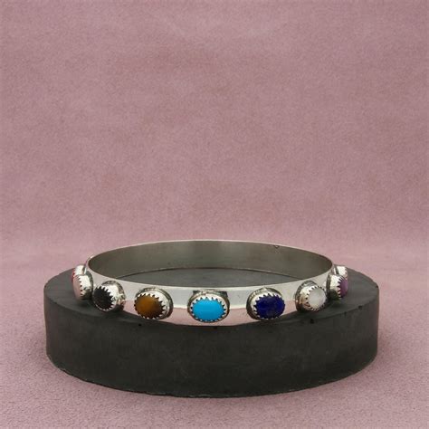 Navajo Sterling Silver Lenora Begay Multi Stone Bangle Bracelet Size