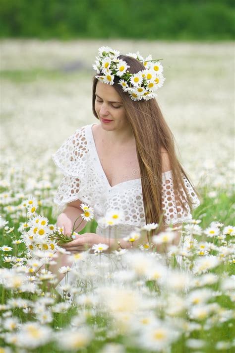 Cute Girl in Camomile Meadow Stock Photo - Image of field, dress: 198738180