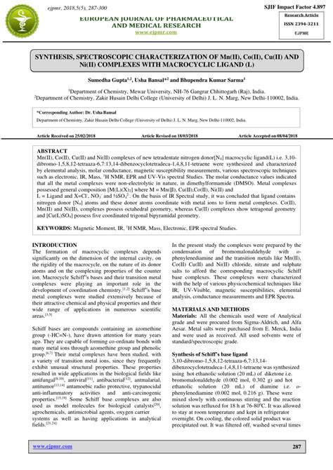Pdf Synthesis Spectroscopic Characterization Of Mnii Coii Cu