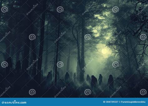 A Haunted Forest With Eerie Lighting And Silhouettes Of Creepy