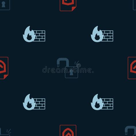 Set Contract With Shield Open Padlock And Firewall Security Wall On Seamless Pattern Vector