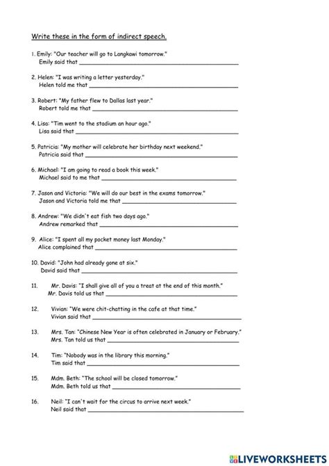 Direct And Indirect Speech Worksheet