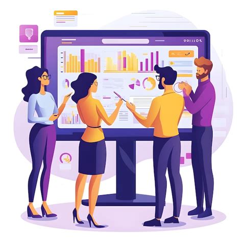 Flat Team Collaborating Around A Glossy Data Dashboard Concept As A