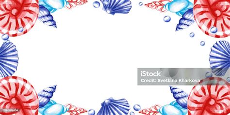 조개껍데기가 있는 직사각형 프레임 섬유 디자인 해양 테마의 휴일 인쇄 레스토랑을 위한 수중 세계를 주제로 한 고립 된 일러스트레이션 가리비에 대한 스톡 벡터 아트 및 기타